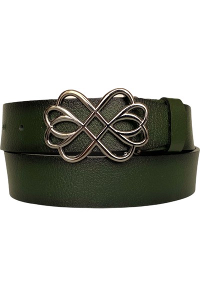 %100 Deri, Gümüş Tokalı Yeşil Kadın Kot Kemeri 4 cm