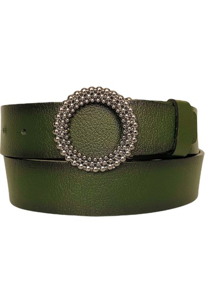 %100 Deri, Siyah Nikel Tokalı Yeşil Kadın Kot Kemeri 4 cm