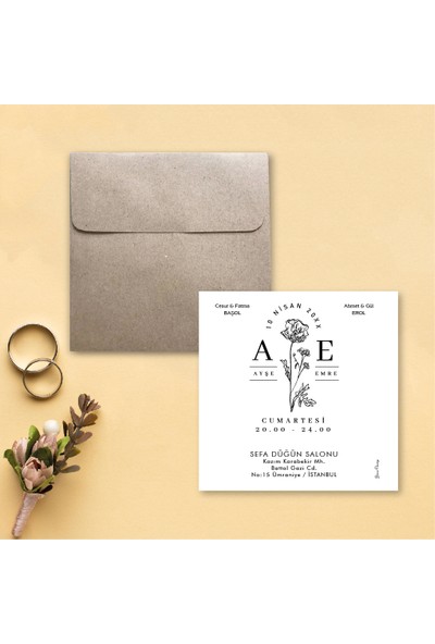 Otuz9 Reklam Yaren Davetiye Düğün Nişan Nikah Kına Kare Kraft Buklet Zarflı Davetiye 100 Adet