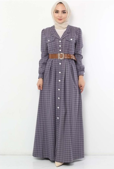 Moda Mihram Ekoseli Tesettür Ferace Gri