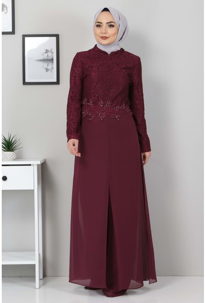 Moda Mihram Dantel Detay Incili Tesettür Kombin Mürdüm Moda Mihram Dantel Detay Incili Tesettür Kombin Mürdüm