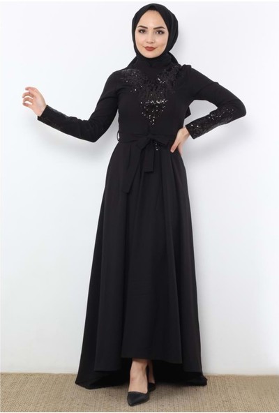 Moda Mihram Pul Payet ve Pileli Tesettür Elbise Siyah Moda Mihram Pul Payet ve Pileli Tesettür Elbise Siyah