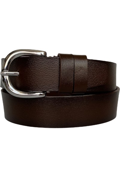 %100 Deri, Gümüş Tokalı Koyu Kahverengi Kadın Kemeri 4 cm