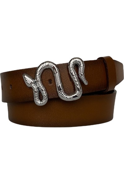 %100 Deri, Gümüş Yılan Tokalı Tosado Kadın Kemeri 4 cm