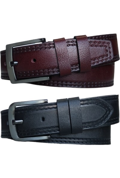 Kar-Pa %100 Deri 2'li Set Dikiş Desenli Kot Pantolon Kemeri 4.5cm: Siyah-Bordo Kar-Pa %100 Deri 2'li Set Dikiş Desenli Kot Pantolon Kemeri 4.5cm: Siyah-Bordo