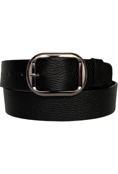 %100 Deri, Siyah Nikel Tokalı Siyah Kadın Kot Kemeri 4 cm