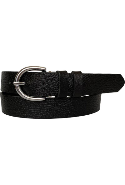 GoDeri %100 Deri Gümüş Tokalı Siyah Baskılı Kadın Kemeri, 3cm