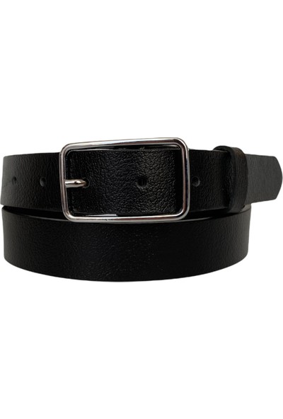 GoDeri %100 Deri Gümüş Dikdörtgen Tokalı Siyah Kadın Kemeri, 3cm