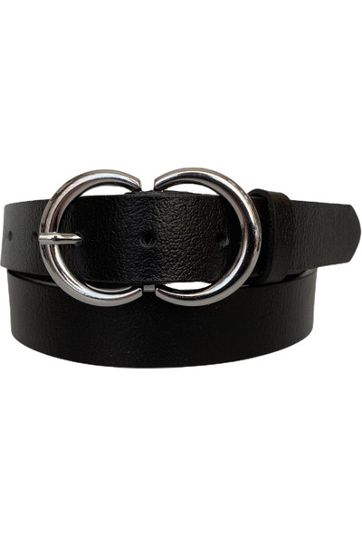 GoDeri %100 Deri Gümüş Cɔ Tokalı Siyah Kadın Kemeri, 3cm