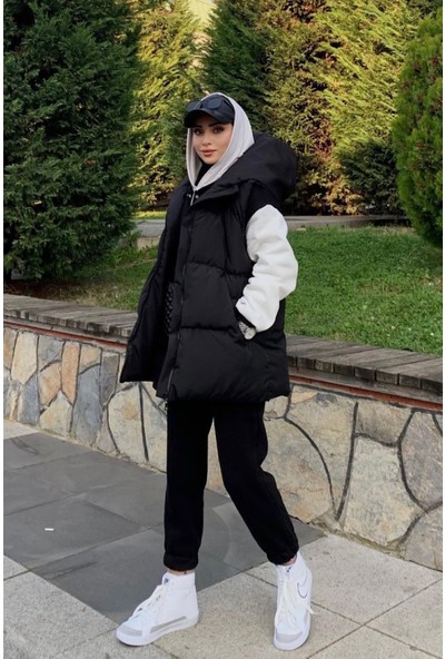 Hera Fashion Kadın Kapüşonlu Dolumlu 3 Cepli Şişme Yelek