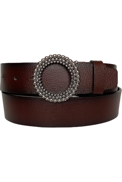 %100 Deri, Siyah Nikel Tokalı Bordo Kadın Kot Kemeri 4 cm