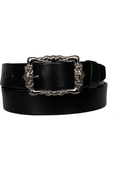 GoDeri Deri Siyah Nikel Tokalı Kadın Kemeri 4 cm