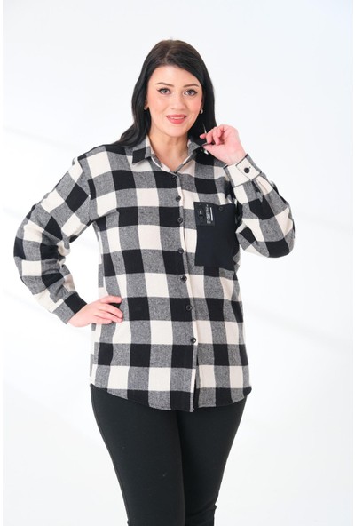 Lady Majestic Kareli Tek Cep Detaylı Uzun Kol Büyük Beden Kadın Gömlek 44084