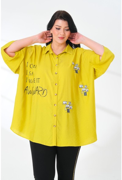 Lady Majestic Baskı Detaylı Düğmeli Büyük Beden Kadın Gömlek 44096