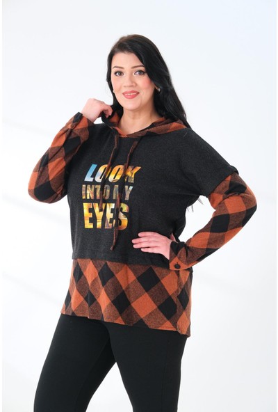 Lady Majestic Ekoseli Kapüşonlu Büyük Beden Kadın Sweatshirt 44029