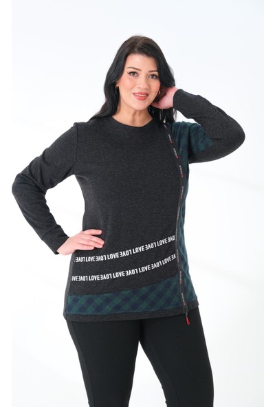 Lady Majestic Ekoseli Büyük Beden Kadın Sweatshirt 44035