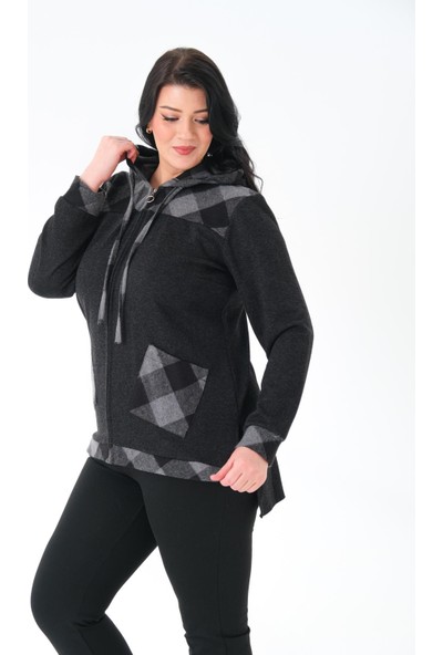 Lady Majestic Ekoseli Kapüşonlu Fermuarlı Cepli Büyük Beden Kadın Sweatshirt 44030