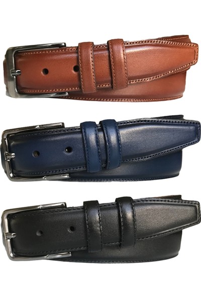 Kaliteli Deri 3'lü Set, Dikişli Klasik Kumaş Pantolon Kemeri; Siyah, Lacivert, Taba 3,5 cm Kaliteli Deri 3'lü Set, Dikişli Klasik Kumaş Pantolon Kemeri; Siyah, Lacivert, Taba 3,5 cm