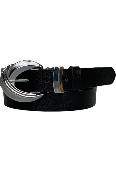 %100 Deri Gümüş Tokalı Siyah Kadın Kemeri, 3cm