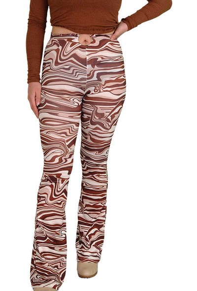 Shefoon Beli Lastikli Halkalı Bağcıklı Desenli İspanyol Paça Pantolon Taş Kahve Shefoon Beli Lastikli Halkalı Bağcıklı Desenli İspanyol Paça Pantolon Taş Kahve