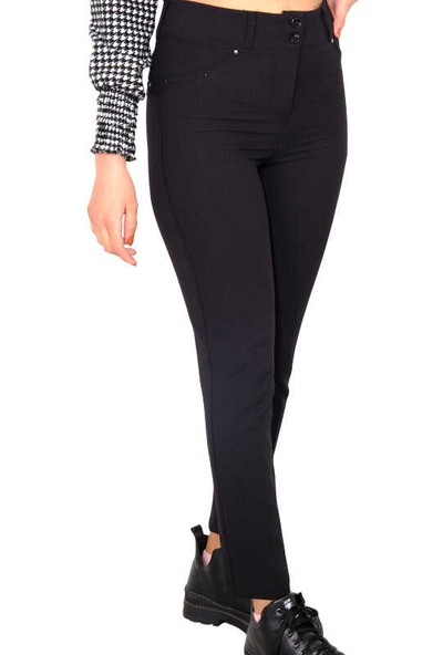 Shefoon Çift Düğmeli Sahte Cepli Likralı Pantolon Siyah Shefoon Çift Düğmeli Sahte Cepli Likralı Pantolon Siyah