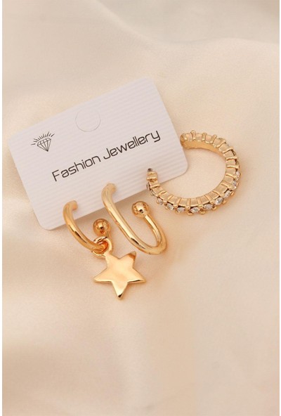 Fashion Jewellery Gold Renk Metal Zirkon Taşlı ve Minimal Yıldız Detaylı Küpe Seti