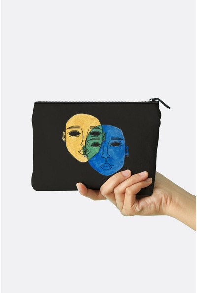 Clutch Colored Faces Siyah Kanvas Makyaj Çantası Clutch Colored Faces Siyah Kanvas Makyaj Çantası