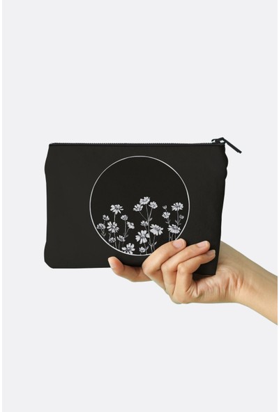 Clutch Çember Papatyalar Siyah Kanvas Makyaj Çantası Clutch Çember Papatyalar Siyah Kanvas Makyaj Çantası