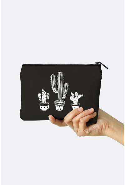 Clutch 3'lü Kaktüs Siyah Kanvas Makyaj Çantası Clutch 3'lü Kaktüs Siyah Kanvas Makyaj Çantası