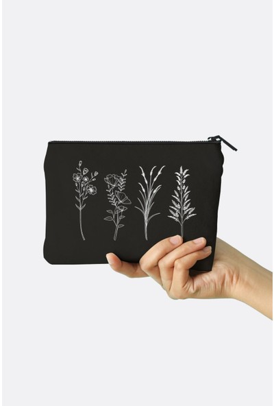 Clutch 4 Dallı Çiçek Siyah Kanvas Makyaj Çantası Clutch 4 Dallı Çiçek Siyah Kanvas Makyaj Çantası
