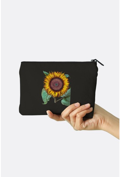 Clutch Ayçiçeği ve Yaprak Siyah Kanvas Makyaj Çantası Clutch Ayçiçeği ve Yaprak Siyah Kanvas Makyaj Çantası
