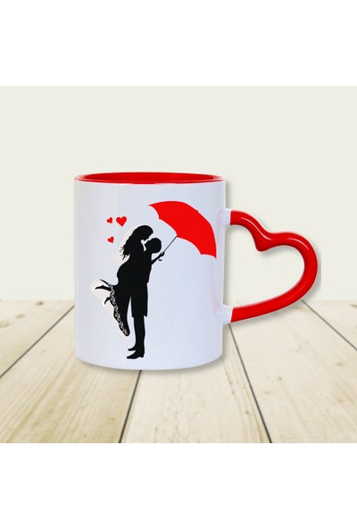 Burak Baskı Tasarım Sevgililer Gününe Özel Şemsiye Altında Sevgili Çift Tasarım Baskılı Kırmızı Kalp Kulplu Kupa Bardak
