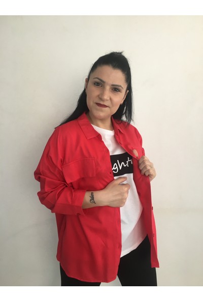 DİLEM Marka Dilem Cepli Oversize Kırmızı Kadın Gömlek