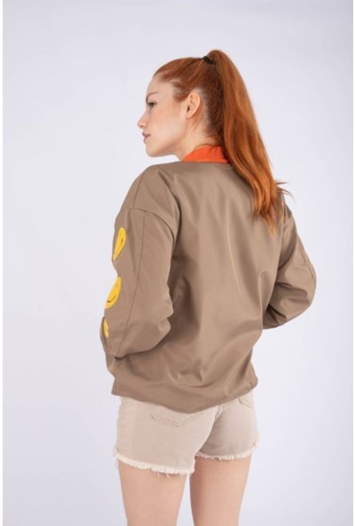 Kadın Haki Smile Nakış Bomber Ceket