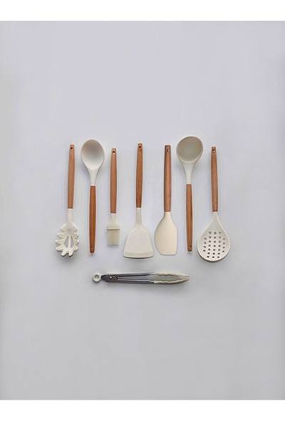 Morponi Beyaz Silikon Bambu Spatula, Kevgir, Kaşık, Kepçe, Fırça, Makarna ve Salata Kaşığı, Maşa 8'li Set