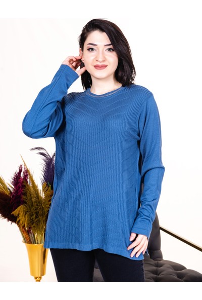 Tütsü Triko Mavi Yaka Detaylı Fitilli Anne Triko Bluz Büyük Beden Triko Kazak Tütsü Triko Mavi Yaka Detaylı Fitilli Anne Triko Bluz Büyük Beden Triko Kazak