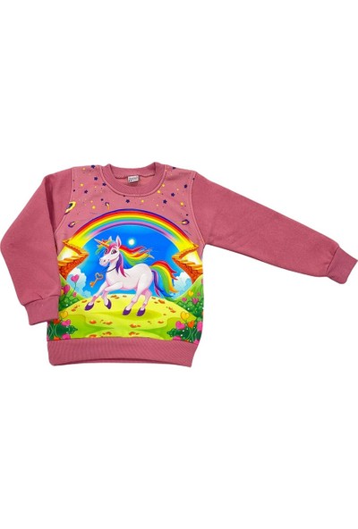 İpek Atlas Kız Çocuk Fuşya Unicorn Desenli Kalın Kazak