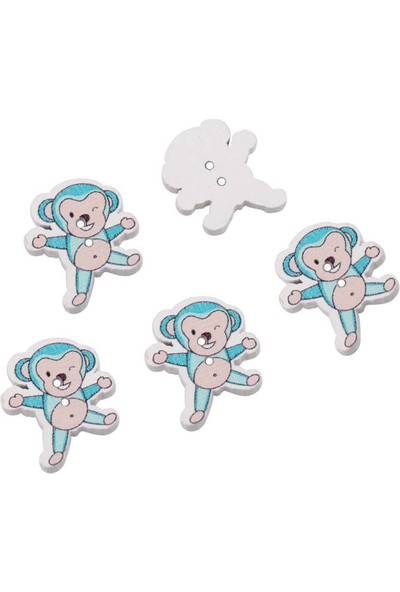 Simisso Maymun Baskılı Ahşap Düğme 5li Mavi