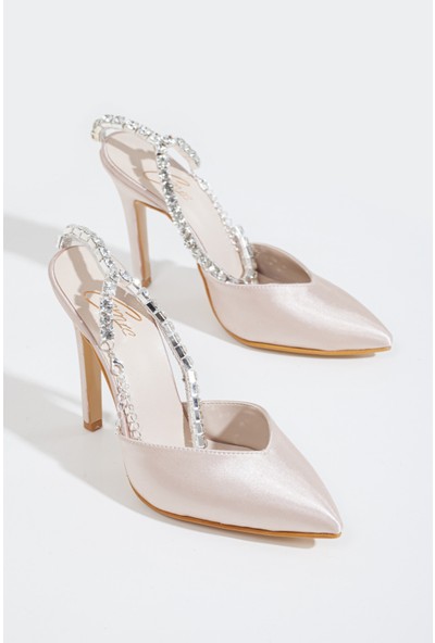 Mft Kadın Ten Saten Taşlı Bilekten Bağlamalı Şık Abiye Topuklu Ayakkabı