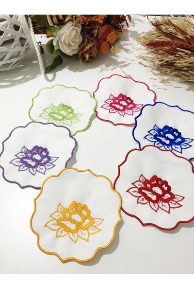 Sun Art Textile Nilüfer-7 6 Farklı Renk Nakışlı Kokteyl / Sunum Peçetesi, Bardak Altlığı 6'lı Takım