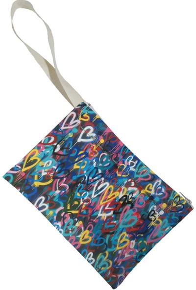 Unisex Renkli Kalpler Desenli Portföy Clutch Çanta Unisex Renkli Kalpler Desenli Portföy Clutch Çanta