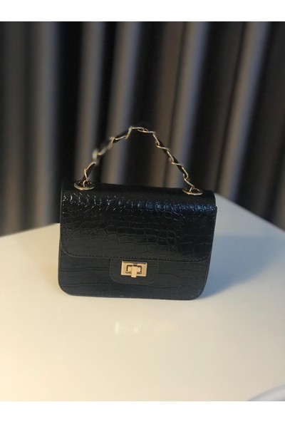 Sembags Kroko Desenli Tokalı Zincirli El Omuz Çantası Siyah