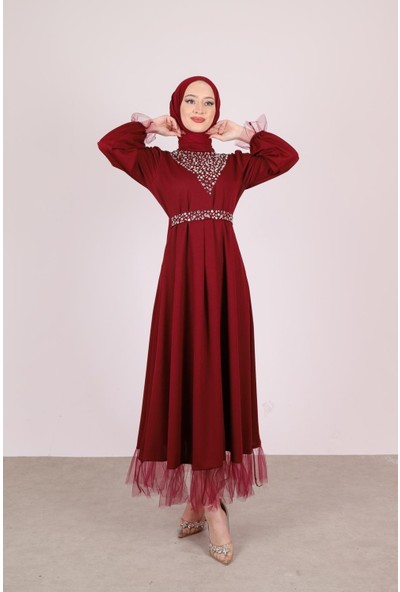 Brm Önü Taş Detaylı Kuşaklı Tesettür Elbise