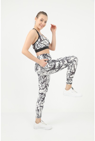 Miss Maral Missmaral Kadın Alt-Üst Spor Takım Beyaz-Siyah Mermer Desenli Çift Cepli Yüksek Bel Tayt &hafif Pedli Büstiyer 3058