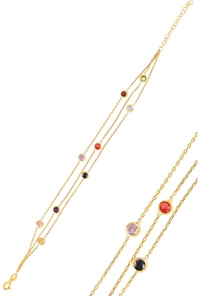 Söğütlü Silver Gümüş Altın Yaldızlı Renkli Sıra Taşlı Bileklik