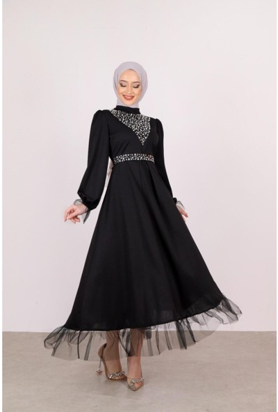 Brm Önü Taş Detaylı Kuşaklı Tesettür Elbise