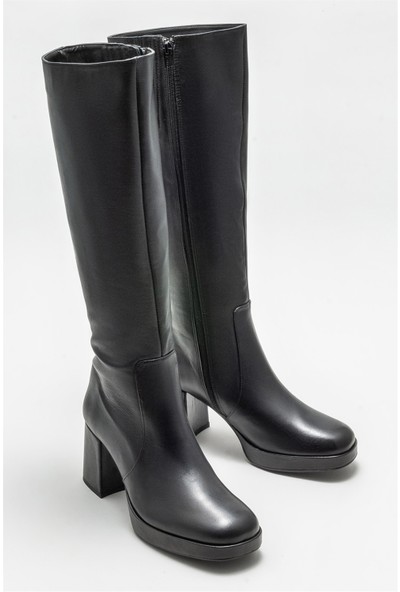 Elle Shoes Siyah Deri Kadın Topuklu Çizme