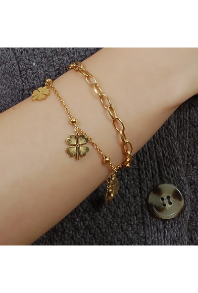 Saysar Çelik Yoncalı Çift Zincir Bileklik Gold