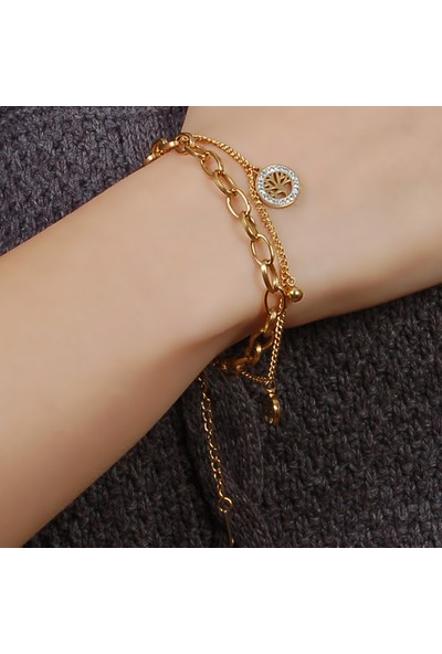 Saysar Çelik Çift Zincirli Zirkon Taşlı Hayat Ağacı Bileklik Gold