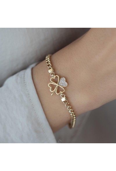 Oroline Kalpli Taşlı Yonca Bileklik 14K